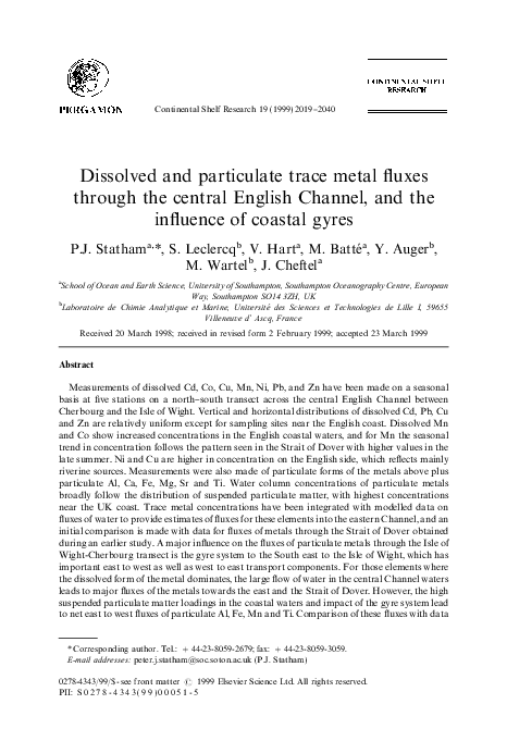 (PDF) Dissolved and particulate trace metal fluxes through the central English Channel, and the ...