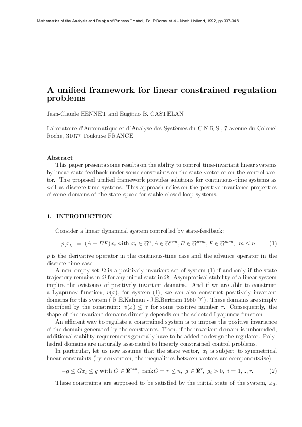 Pdf A Unified Framework For Linear Constrained Regulation Problems Jean Claude Hennet