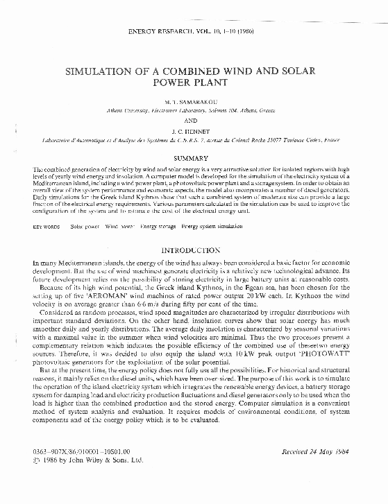 (PDF) Simulation of a combined wind and solar power plant