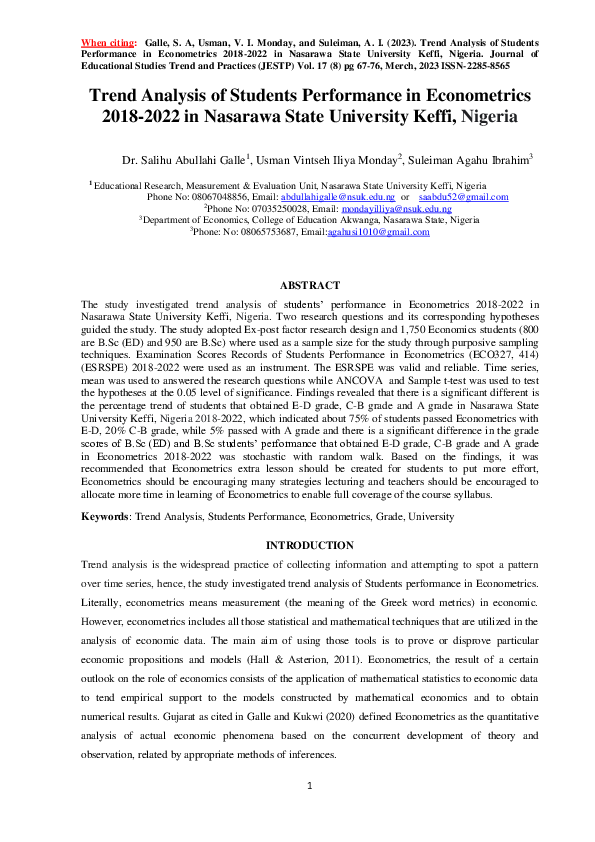 (PDF) Trend Analysis of Students Performance in Econometrics 2018-2022 ...