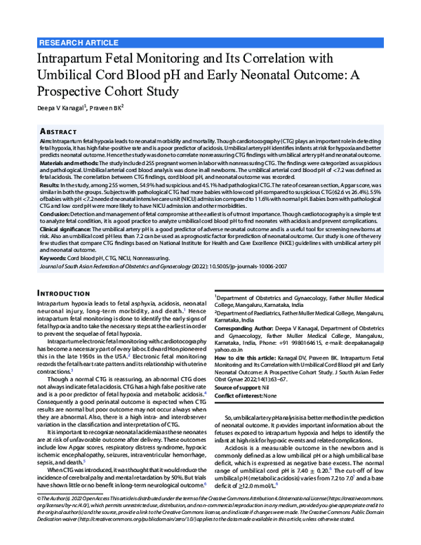 (PDF) Intrapartum Fetal Monitoring and Its Correlation with Umbilical Cord Blood pH and Early ...
