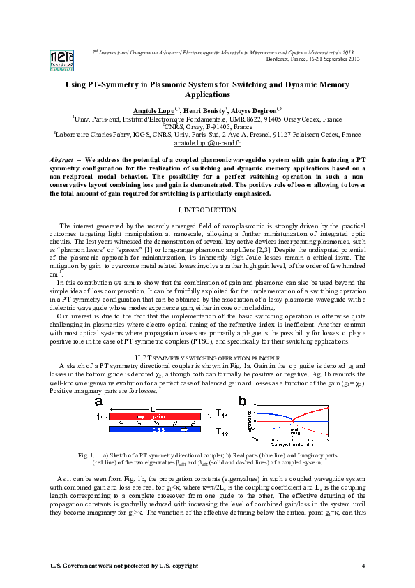 (PDF) Using PT-symmetry in plasmonic systems for switching and dynamic ...