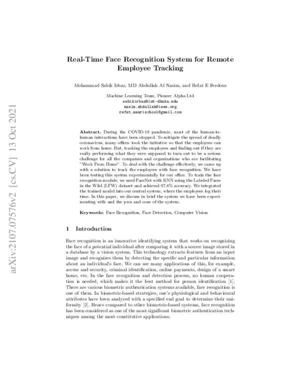Pdf Real Time Face Recognition System For Remote Employee Tracking