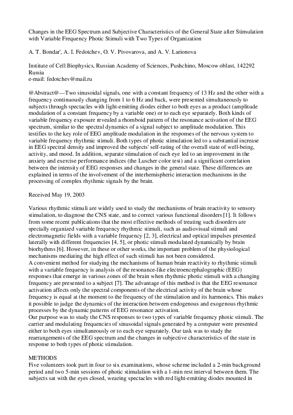 (PDF) Changes in the EEG Spectrum and Subjective Characteristics of the ...