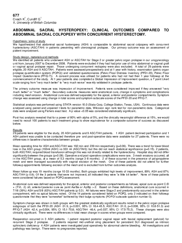 (PDF) Abdominal Sacral Hysteropexy: Clinical outcomes compared to ...