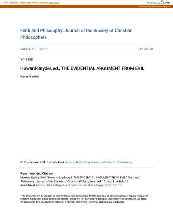 (PDF) Daniel Howard-Snyder (ed.), The Evidential Argument from Evil
