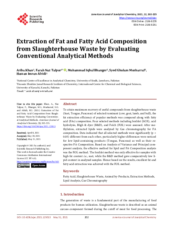(PDF) Extraction of Fat and Fatty Acid Composition from Slaughterhouse ...