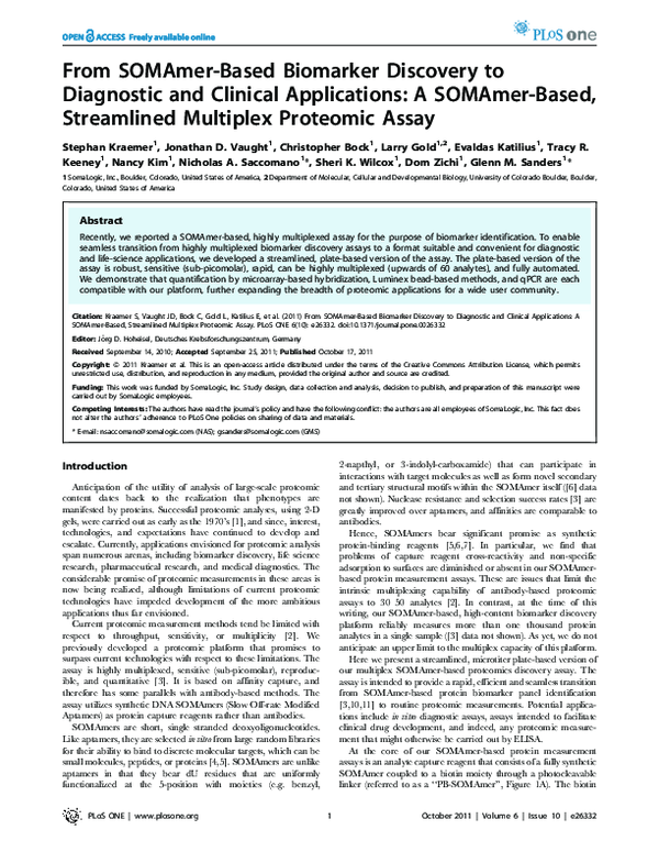 (PDF) From SOMAmer-Based Biomarker Discovery to Diagnostic and Clinical ...