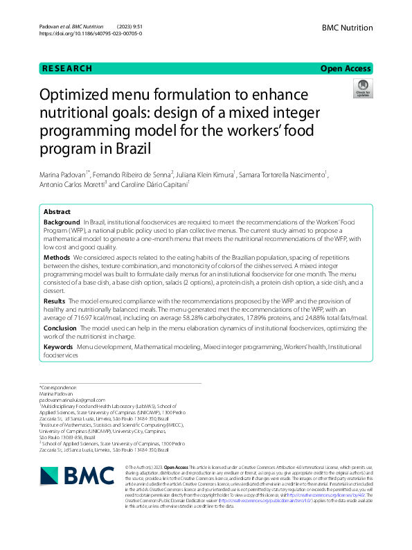 Pdf Optimized Menu Formulation To Enhance Nutritional Goals Design Of A Mixed Integer