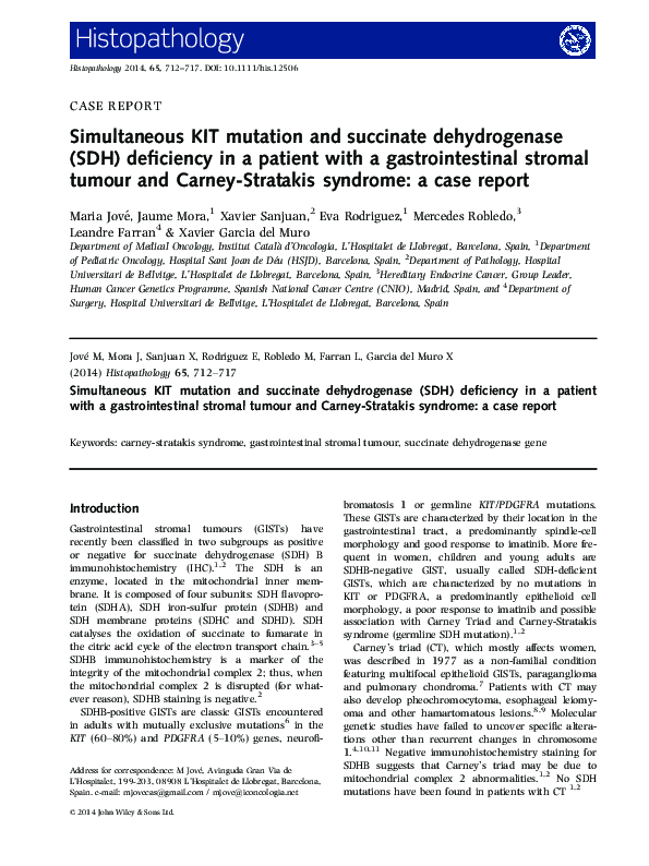 (PDF) Simultaneous KIT mutation and succinate dehydrogenase (SDH) deficiency in a patient with a ...