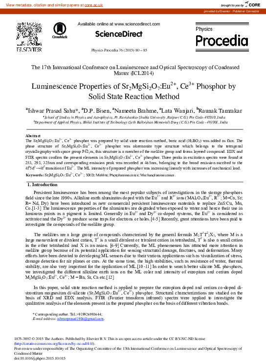 (PDF) Luminescence Properties of Sr2MgSi2O7:Eu2+, Ce3+ Phosphor by ...