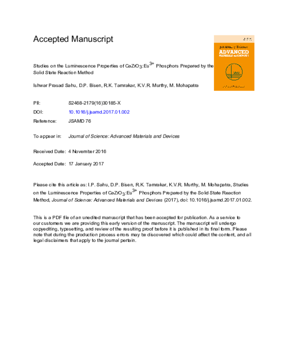 (PDF) Studies on the luminescence properties of CaZrO 3 :Eu 3 ...