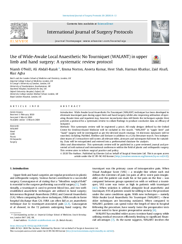 (PDF) Use of Wide-Awake Local Anaesthetic No Tourniquet (WALANT) in ...