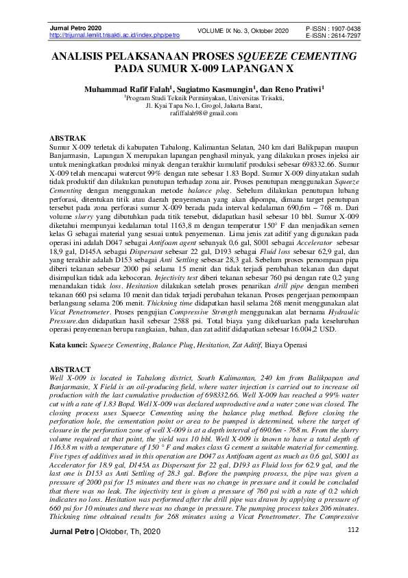 (PDF) Analisis Pelaksanaan Proses Squeeze Cementing Pada Sumur X-009 Lapangan X