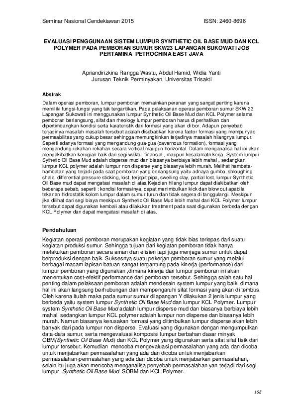 (PDF) Evaluasi Penggunaan Sistem Lumpur Synthetic Oil Base Mud Dan KCL Polymer Pada Pemboran ...