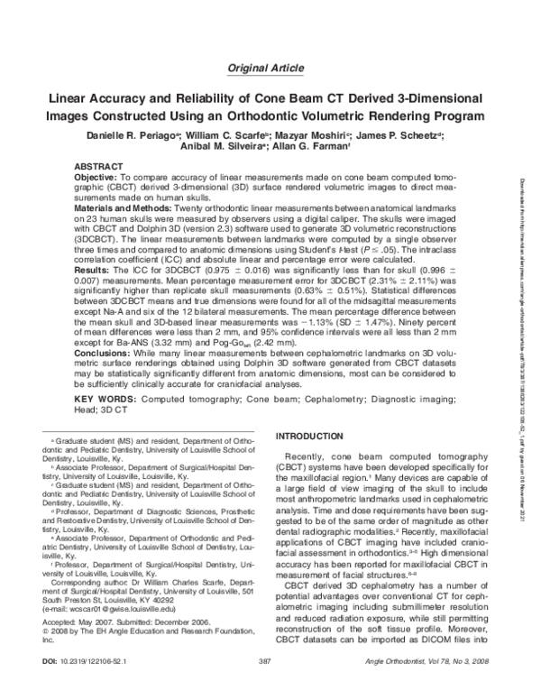 Pdf Linear Accuracy And Reliability Of Cone Beam Ct Derived 3 Dimensional Images Constructed
