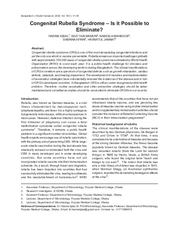 (PDF) Congenital Rubella Syndrome – Is it Possible to Eliminate?