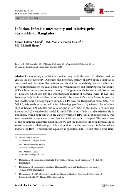(PDF) Inflation, inflation uncertainty, and relative price dispersion: Evidence from bivariate ...