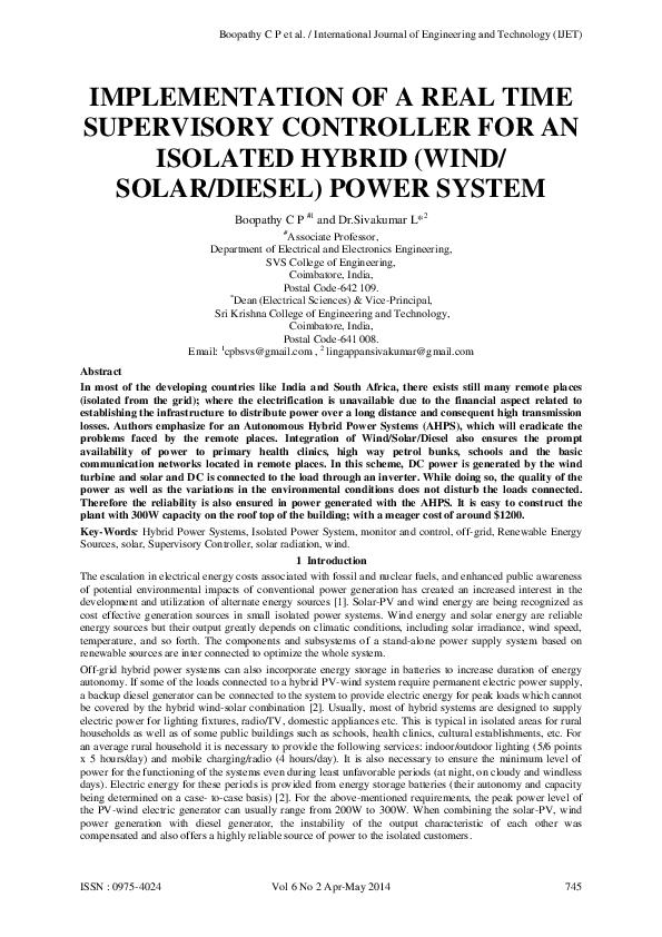 (PDF) Implementation of a Real Time Supervisory Controller for an Isolated Hybrid (Wind/
