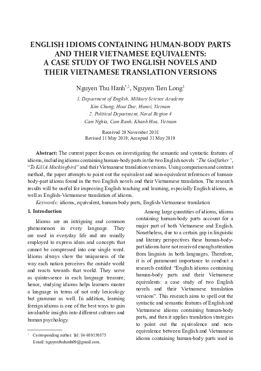 (PDF) English Idioms Containing Human-Body Parts and Their Vietnamese ...