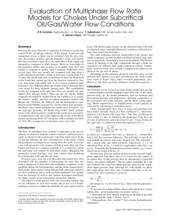 (PDF) Evaluation of Multiphase Flow Rate Models for Chokes Under Subcritical Oil/Gas/Water Flow ...