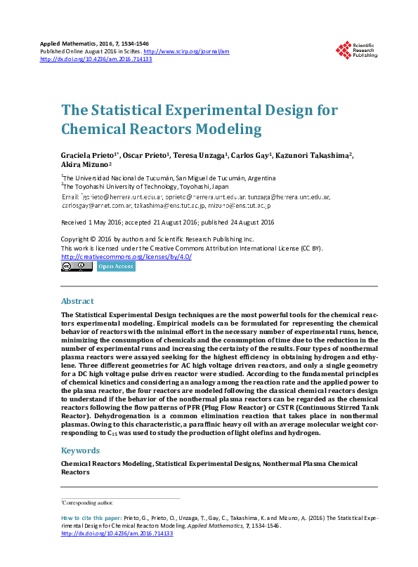 (PDF) The Statistical Experimental Design for Chemical Reactors Modeling
