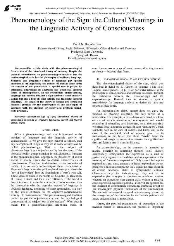 Phenomenology of the Sign: the Cultural Meanings in the Linguistic ...