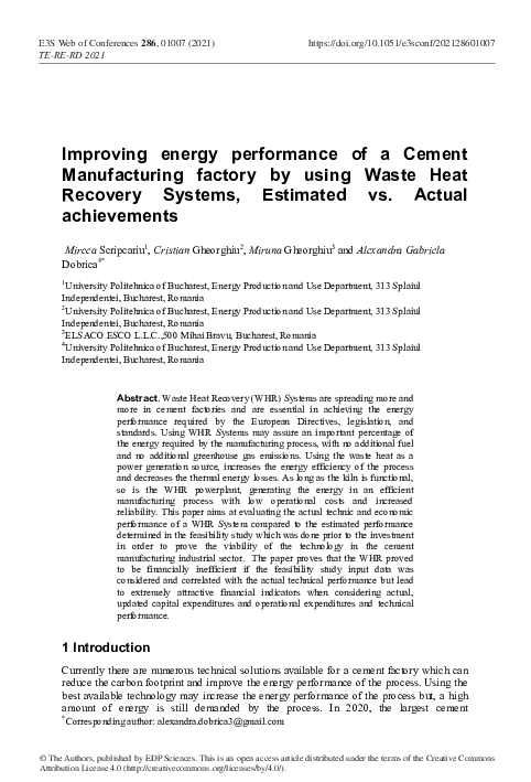 (PDF) Improving energy performance of a Cement Manufacturing factory by using Waste Heat ...
