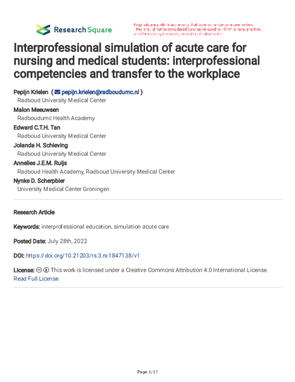 (PDF) Interprofessional simulation of acute care for nursing and medical students ...