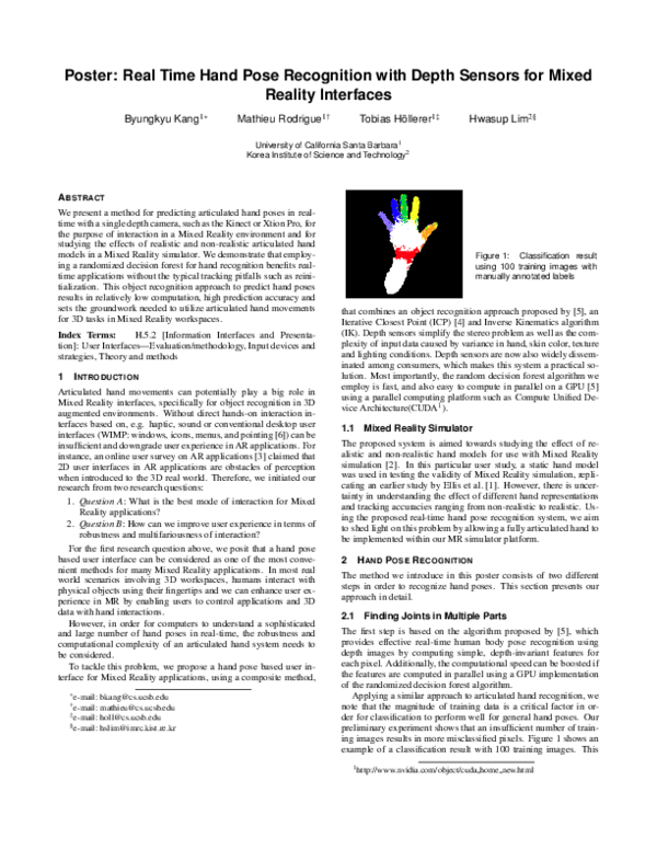 (PDF) Poster: Real time hand pose recognition with depth sensors for mixed reality interfaces