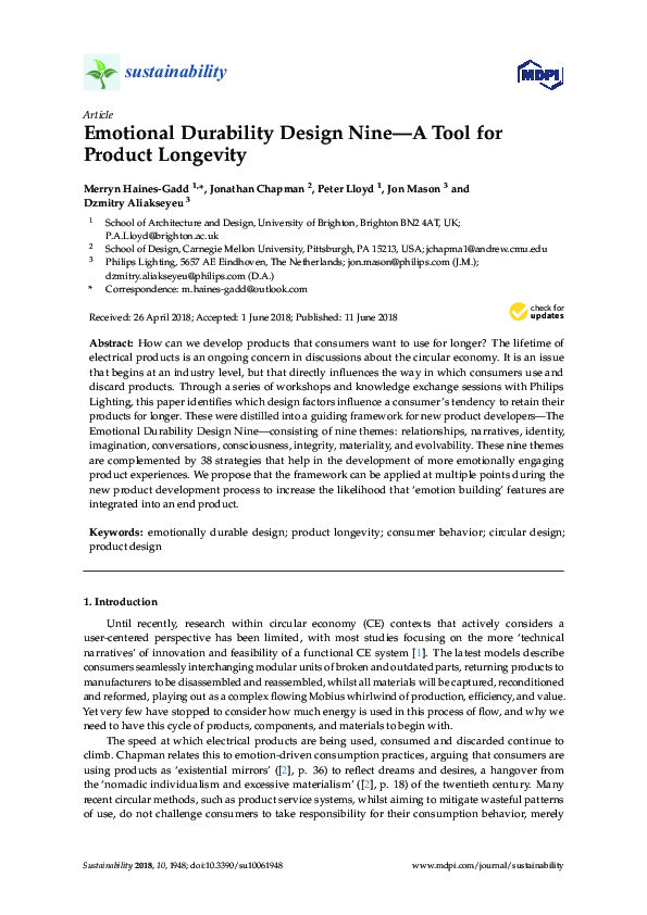 (PDF) Emotional Durability Design Nine—A Tool for Product Longevity