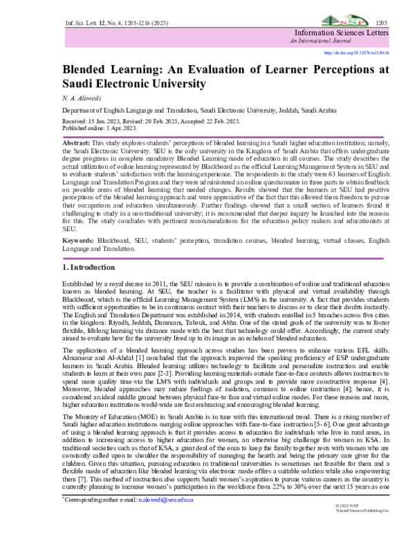 (PDF) Blended Learning: An Evaluation of Learner Perceptions at Saudi Electronic University