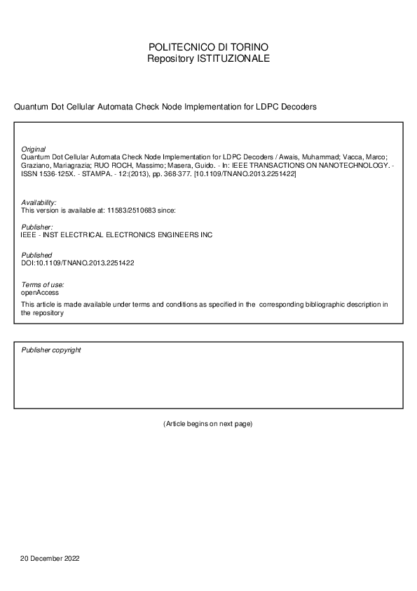 Pdf Quantum Dot Cellular Automata Check Node Implementation For Ldpc