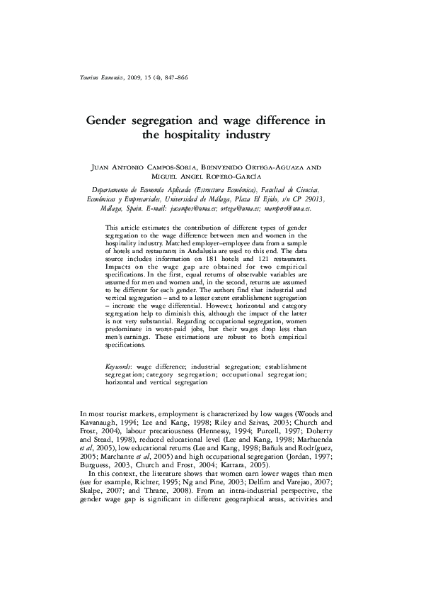 (PDF) Gender Segregation and Wage Difference in the Hospitality Industry