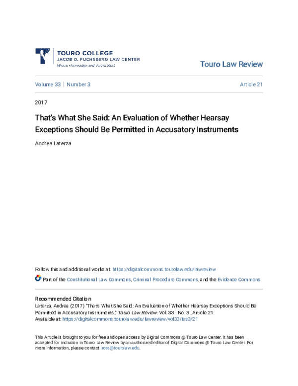 (PDF) That's What She Said: An Evaluation of Whether Hearsay Exceptions ...