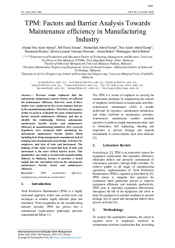 (PDF) TPM: Factors And Barrier Analysis Towards Maintenance efficiency in Manufacturing Industry ...