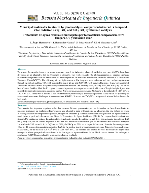 (PDF) Municipal wastewater treatment by photocatalysis: comparison ...
