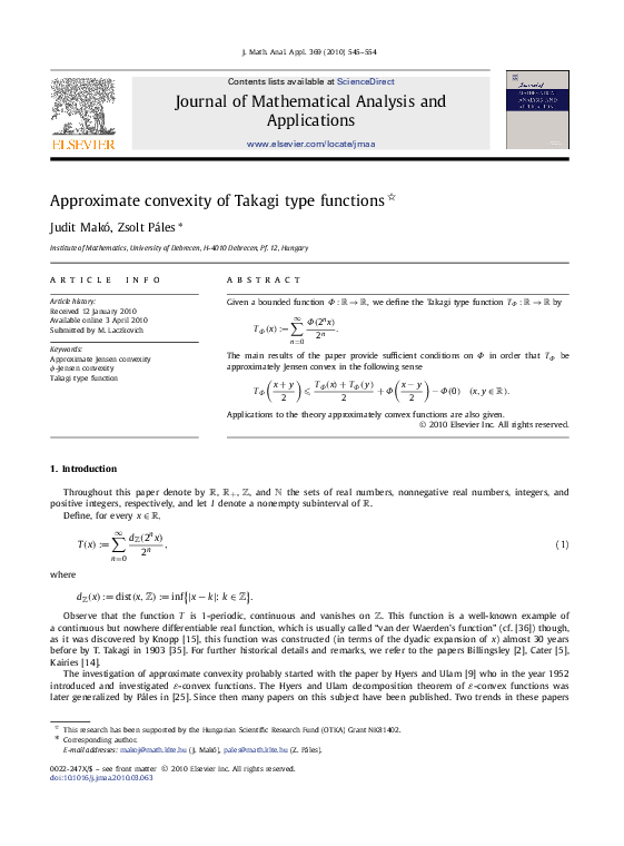 (PDF) Approximate convexity of Takagi type functions