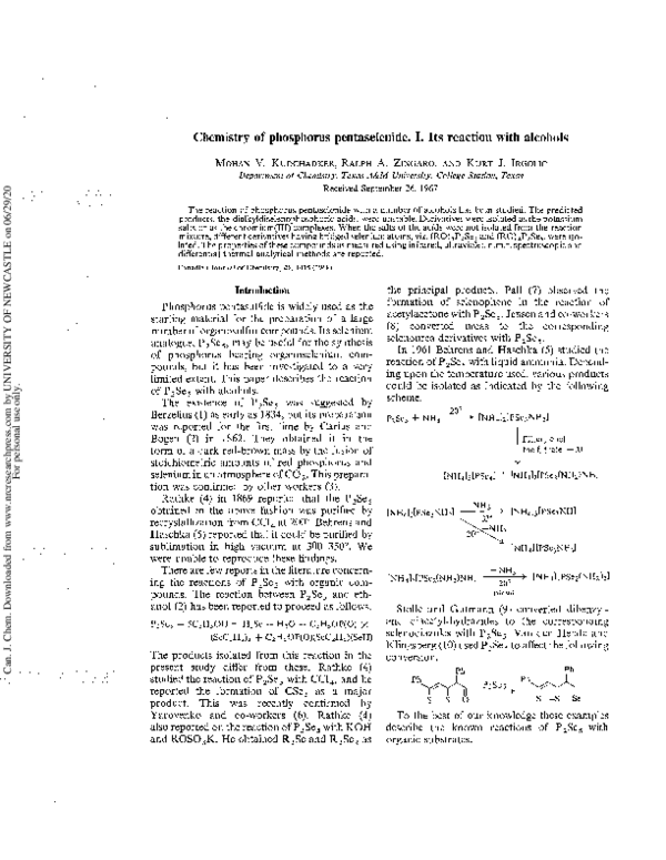 (PDF) Chemistry of phosphorus pentaselenide. I. Its reaction with alcohols