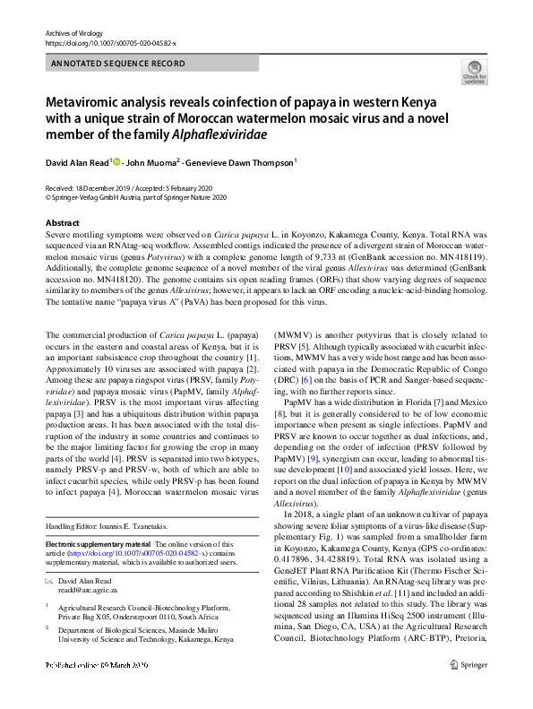 (PDF) Metaviromic analysis reveals coinfection of papaya in western ...