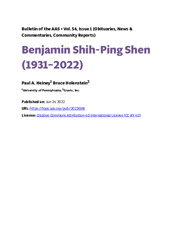 (PDF) Benjamin Shih-Ping Shen (1931–2022)