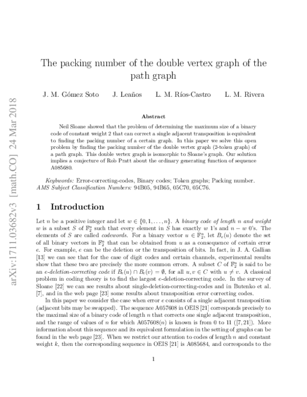 (PDF) The packing number of the double vertex graph of the path graph