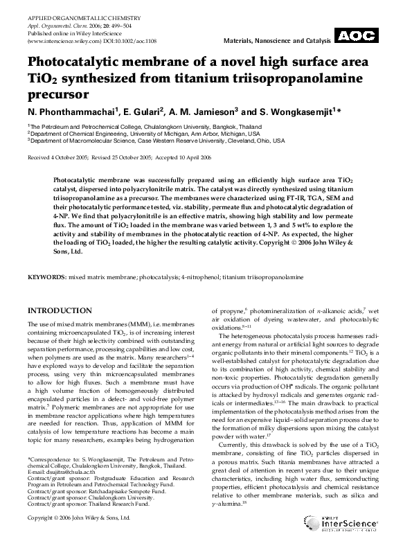 (PDF) Photocatalytic membrane of a novel high surface area TiO2 ...