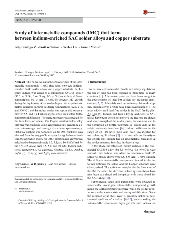 (PDF) Study of intermetallic compounds (IMC) that form between indium ...