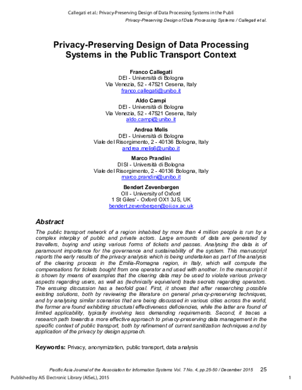 (PDF) Privacy-Preserving Design of Data Processing Systems in the Public Transport Context