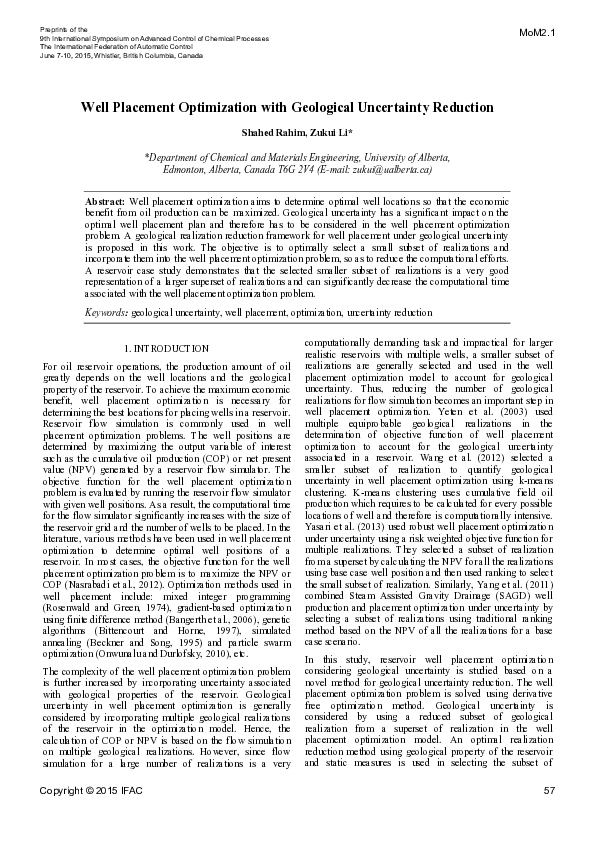 (PDF) Well Placement Optimization with Geological Uncertainty Reduction