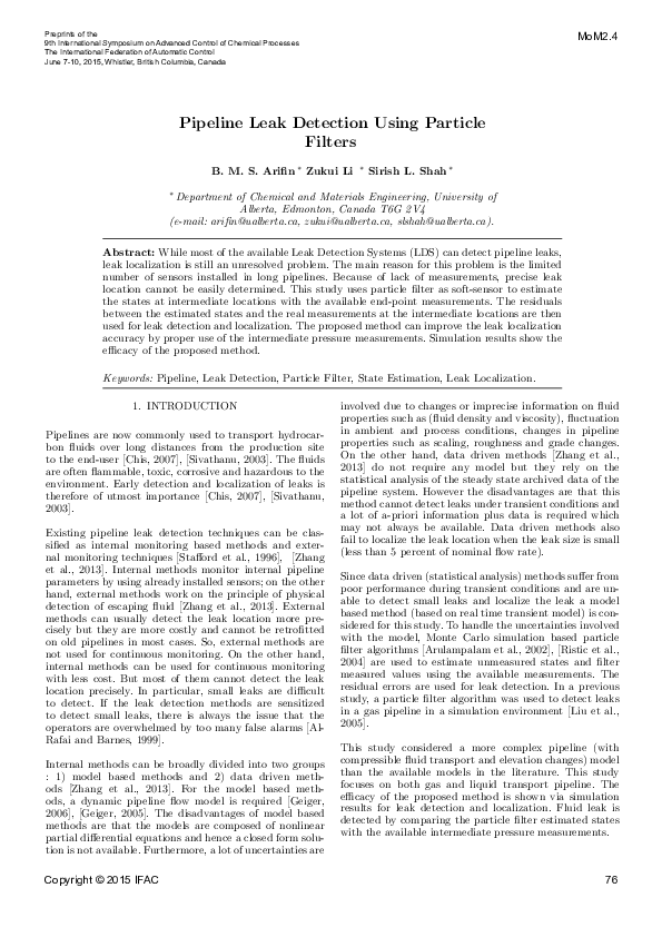 Pdf Pipeline Leak Detection Using Particle Filters