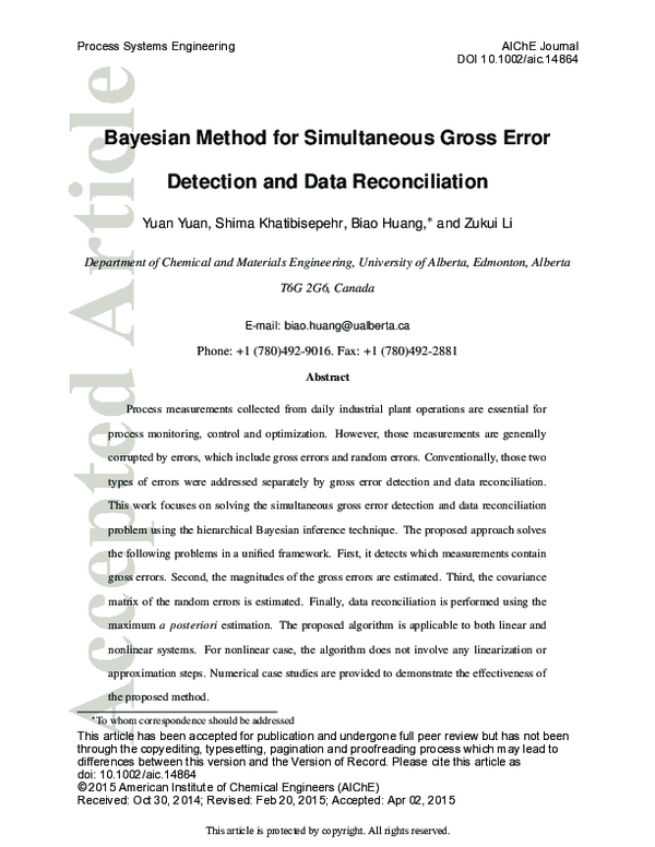 Pdf Bayesian Method For Simultaneous Gross Error Detection And Data