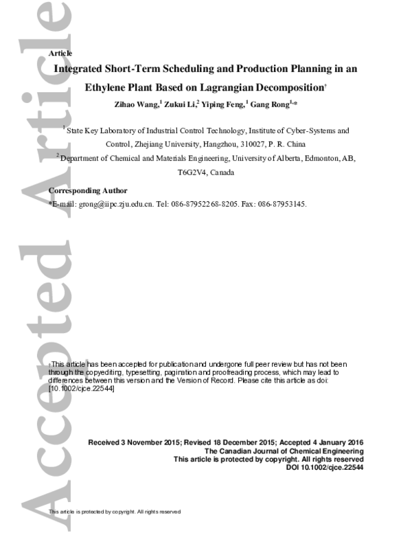 (PDF) Integrated short-term scheduling and production planning in an ethylene plant based on ...