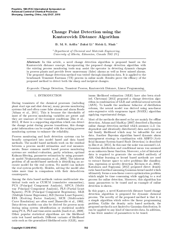 (PDF) Change Point Detection using the Kantorovich Distance Algorithm